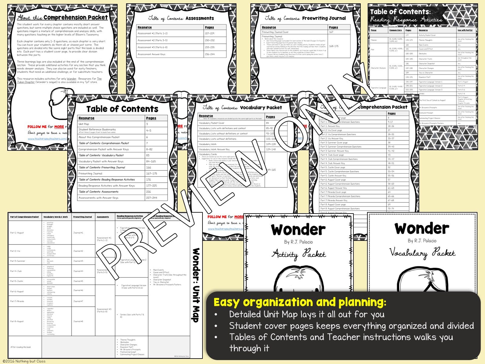 Wonder Novel Study Unit Literature Guide Comprehension Worksheets ELA ...