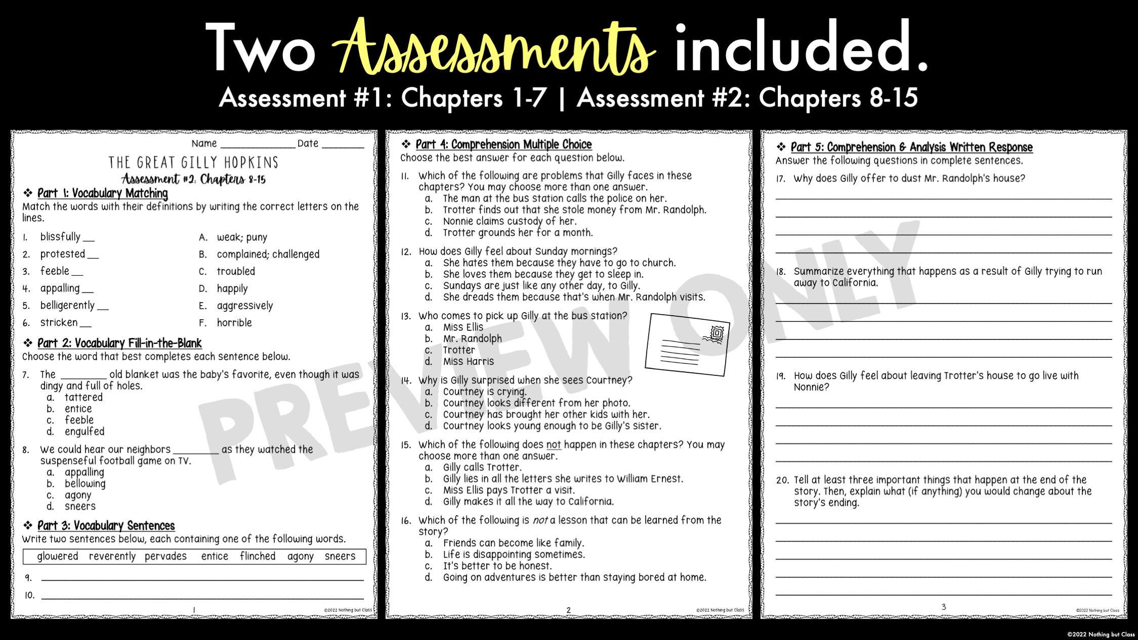 The Great Gilly Hopkins - Tests | Quizzes | Assessments for Novel Study ...