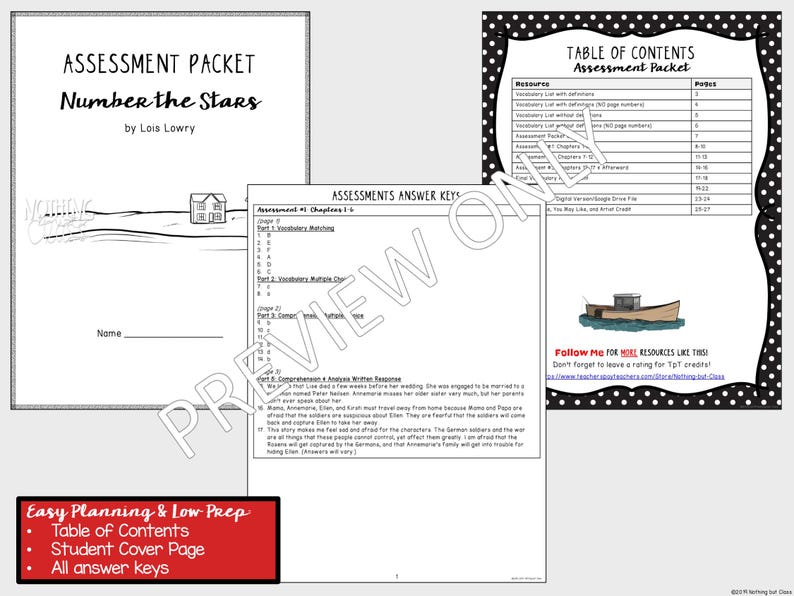 Number the Stars - Tests | Quizzes | Assessments for Novel Study - Etsy