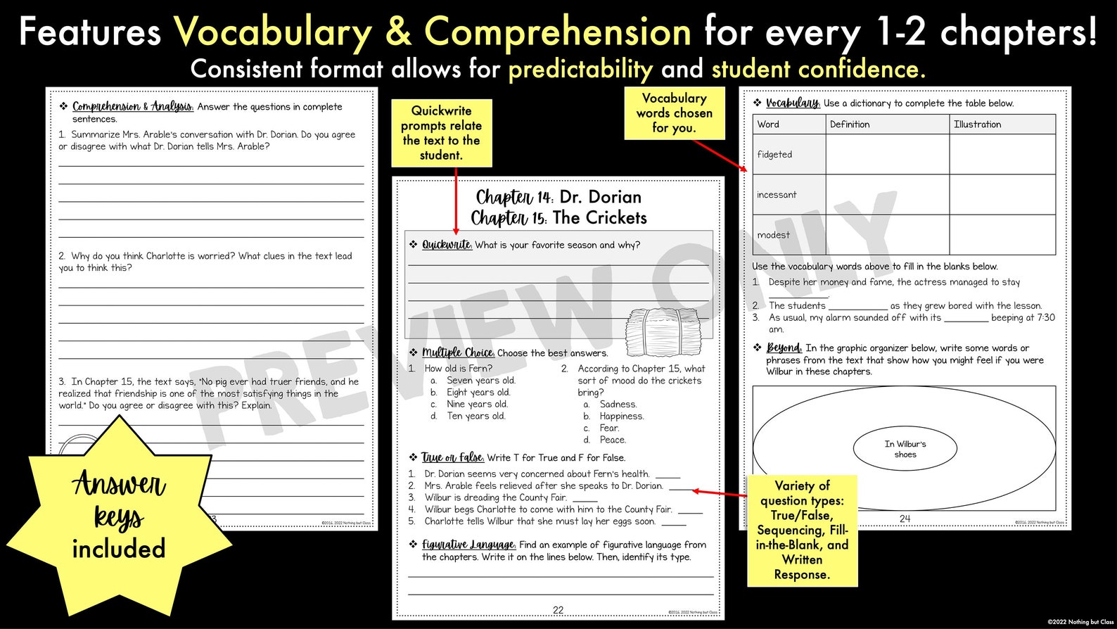 Charlotte's Web Comprehension and Vocabulary by Chapter Guided Reading ...