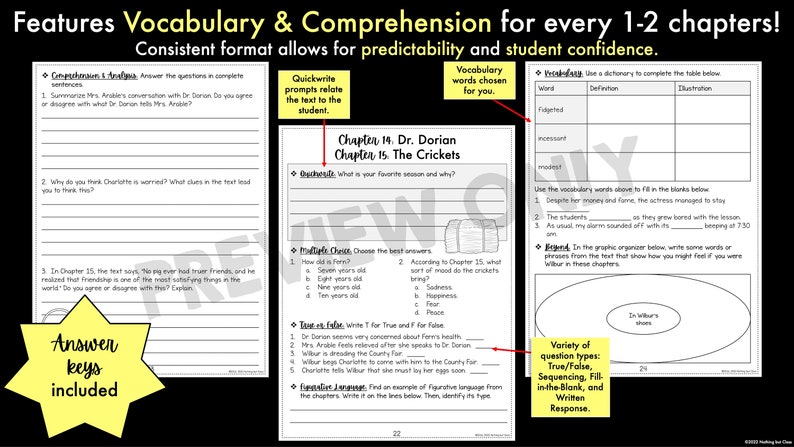 Charlotte's Web Comprehension and Vocabulary by Chapter Guided Reading ...