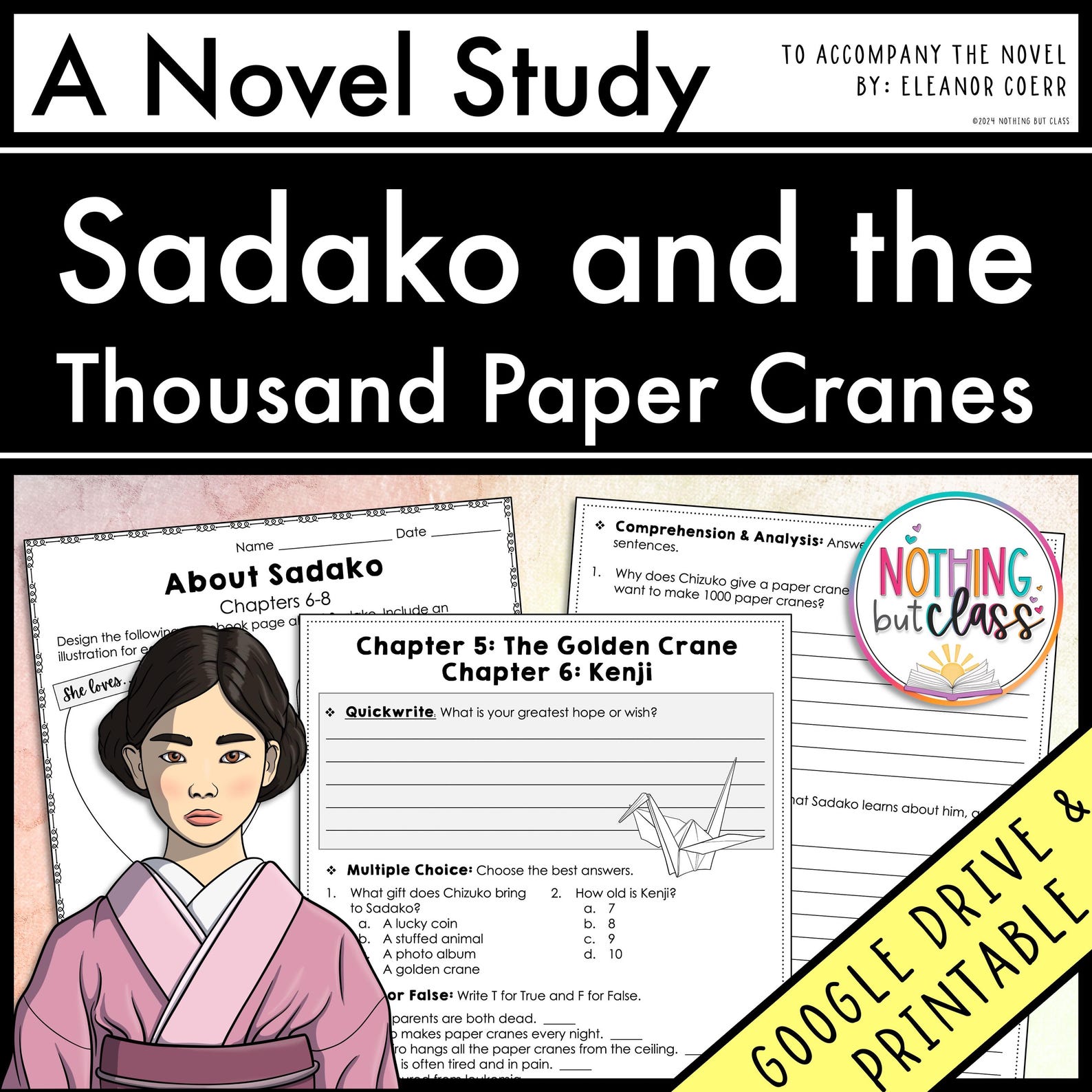 Sadako and the Thousand Paper Cranes Novel Study Unit - Literature ...