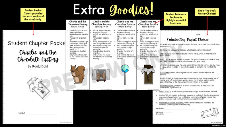 Charlie and the Chocolate Factory Novel Study Unit Literature Guide Comprehension Worksheets ...