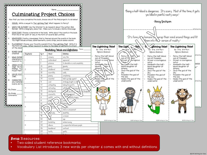 The Lightning Thief Novel Study Unit Literature Guide Comprehension ...