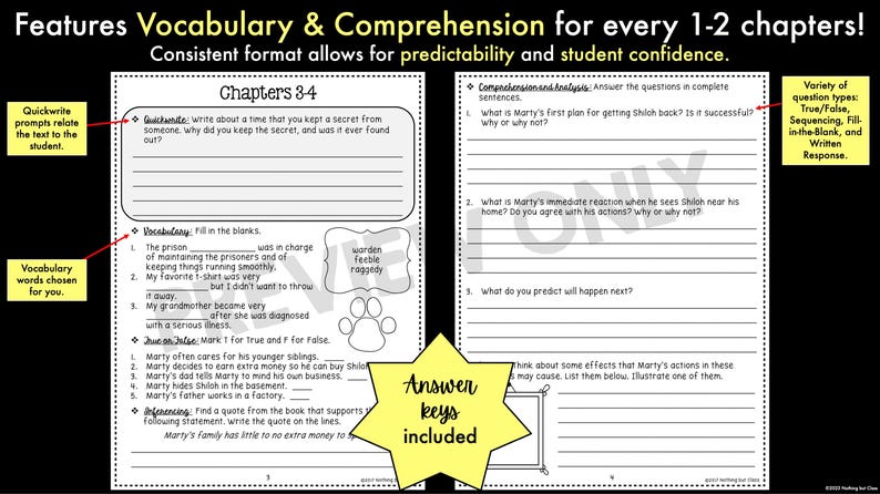 Shiloh | Comprehension and Vocabulary by Chapter | Guided Reading ...