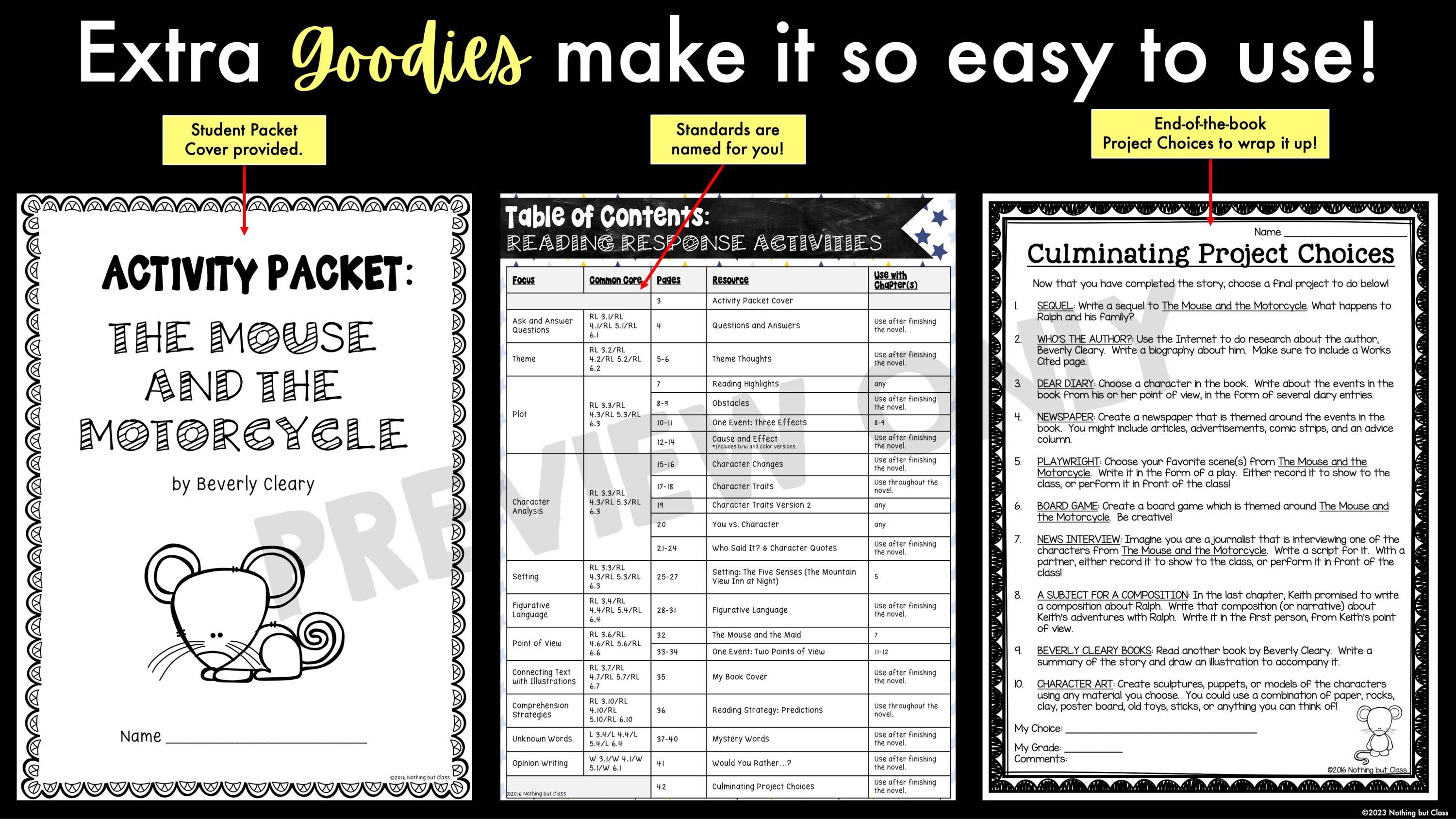 The Mouse and the Motorcycle Reading Response Activities and Projects ...