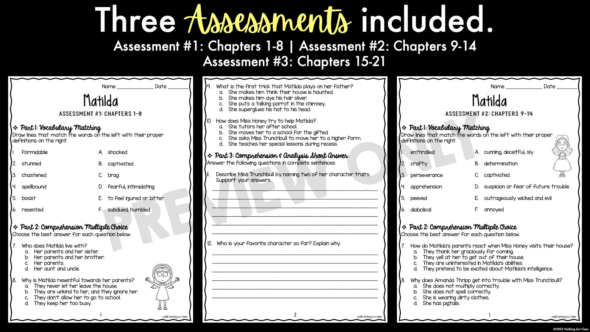Matilda Novel Study Unit Literature Guide Comprehension Worksheets ...