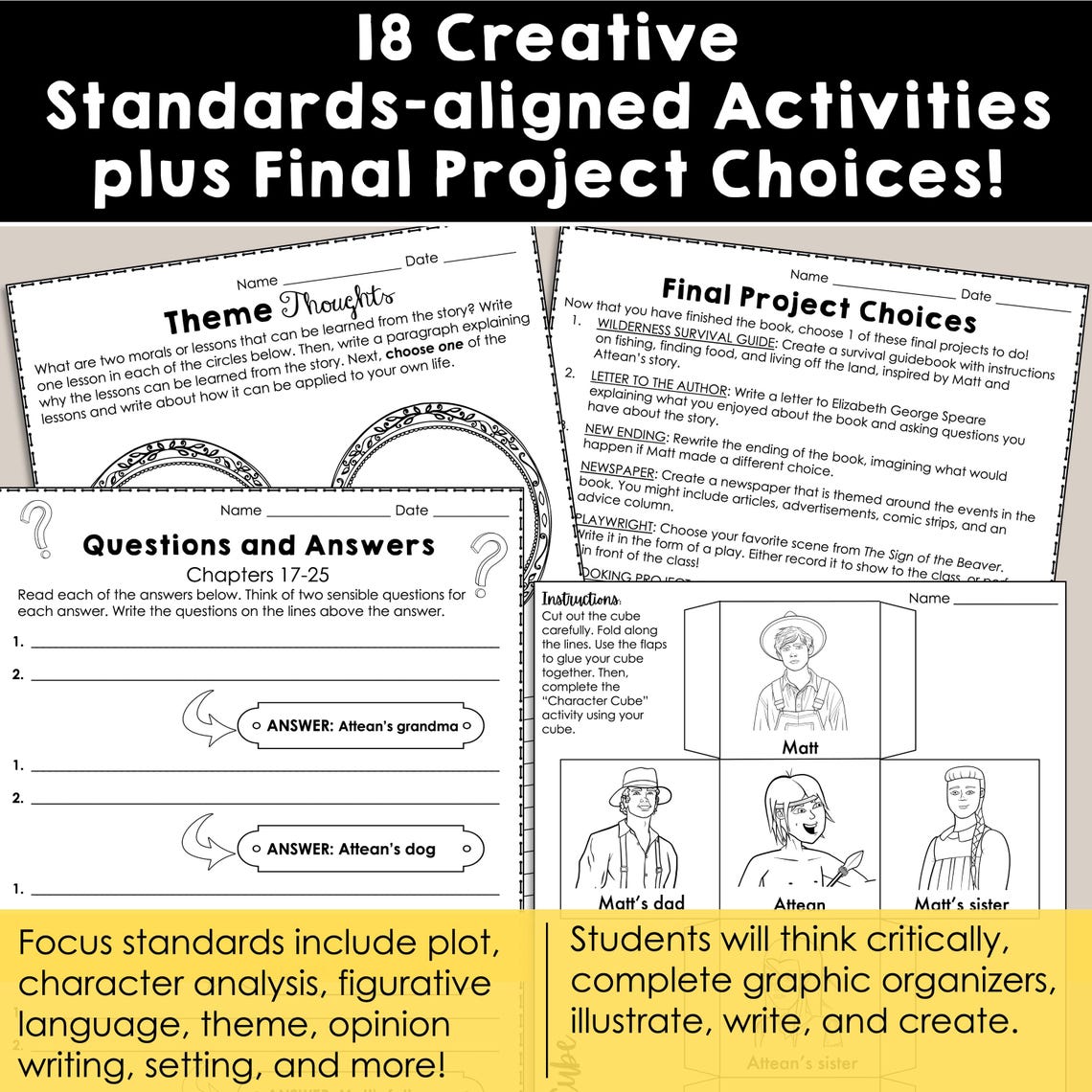 The Sign of the Beaver | Reading Response Activities and Projects ...