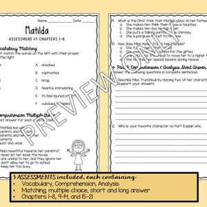 Matilda by Roald Dahl - Tests | Quizzes | Assessments for Novel Study ...