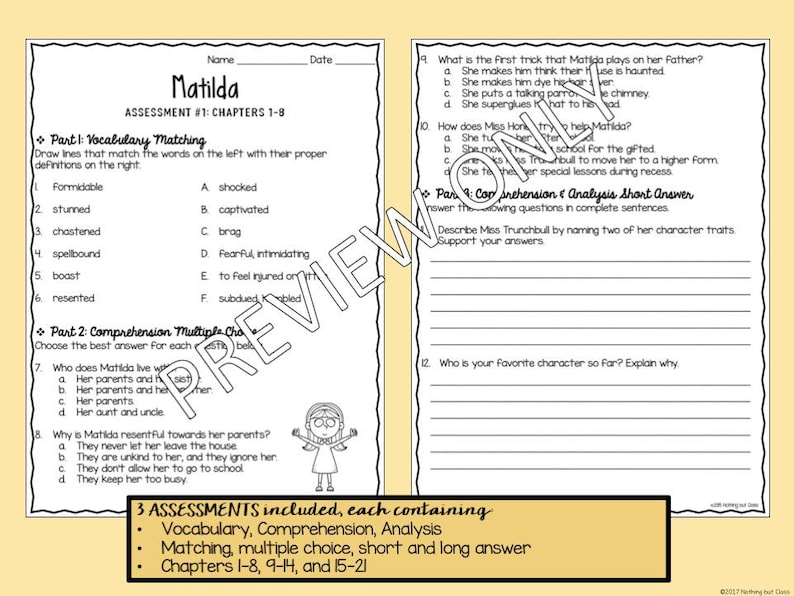 Matilda by Roald Dahl - Tests | Quizzes | Assessments for Novel Study ...