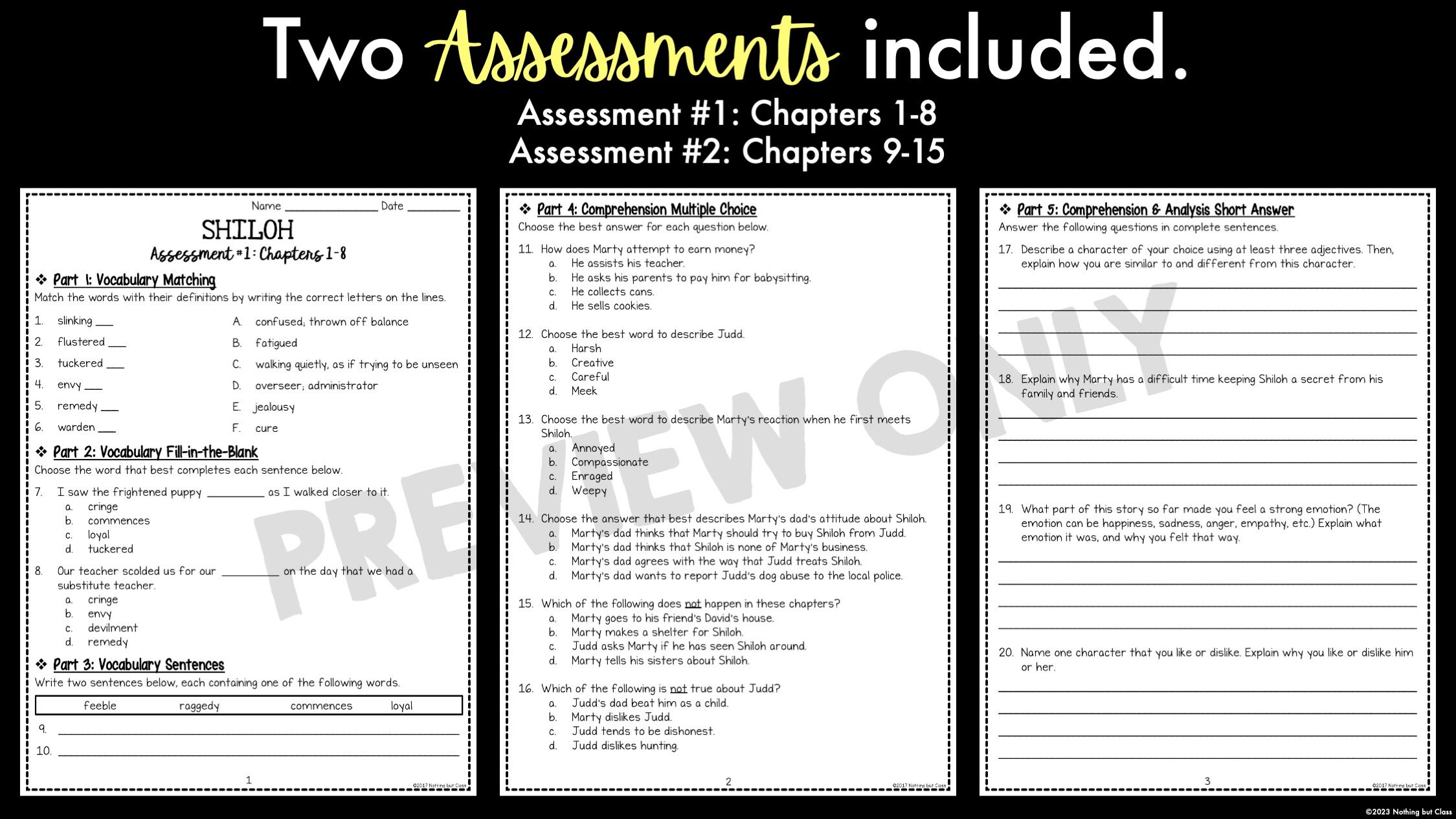 Shiloh Novel Study Unit | Literature Guide | Comprehension Worksheets ...