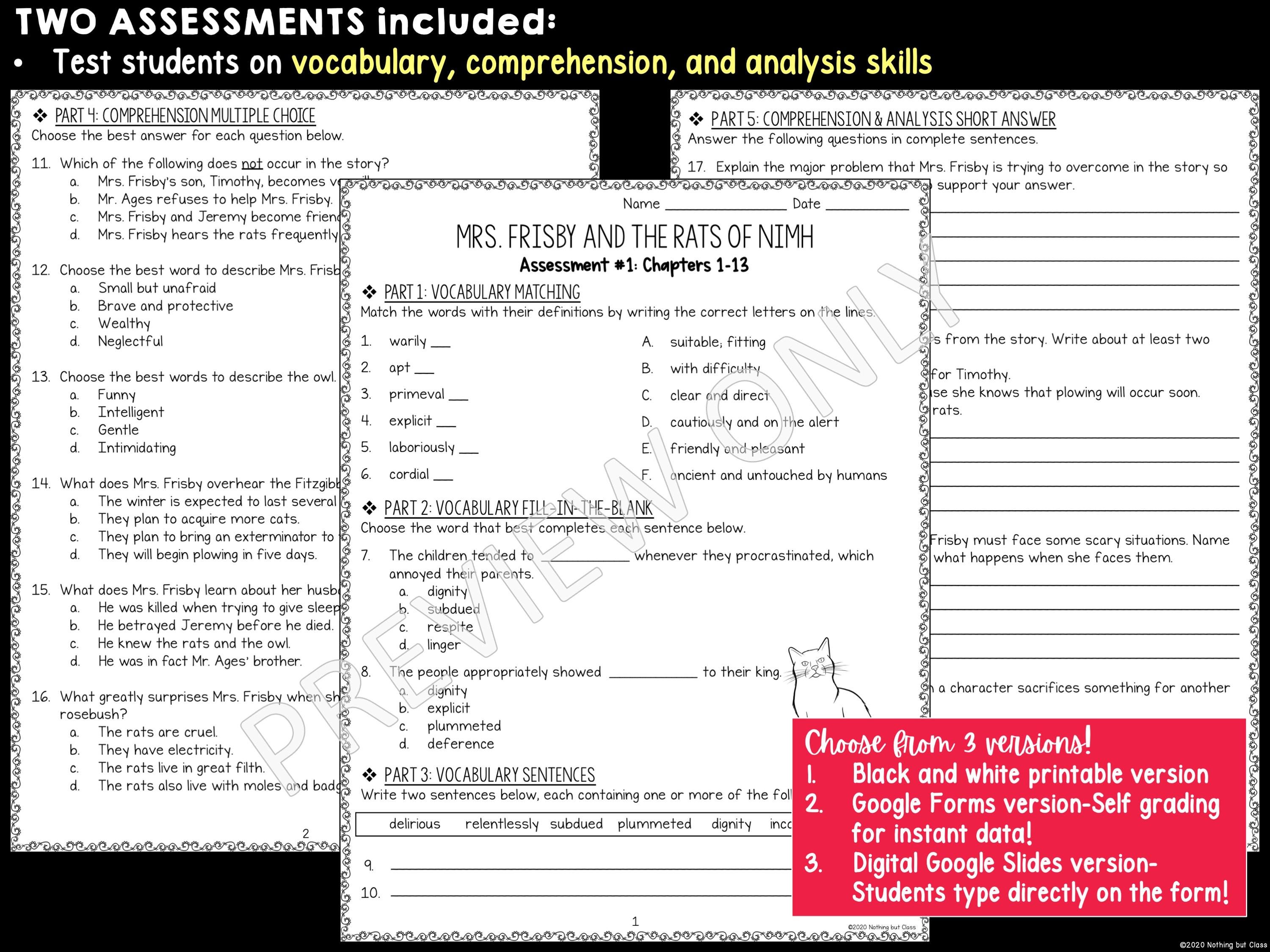 Mrs. Frisby and the Rats of Nimh - Tests | Quizzes | Assessments for ...