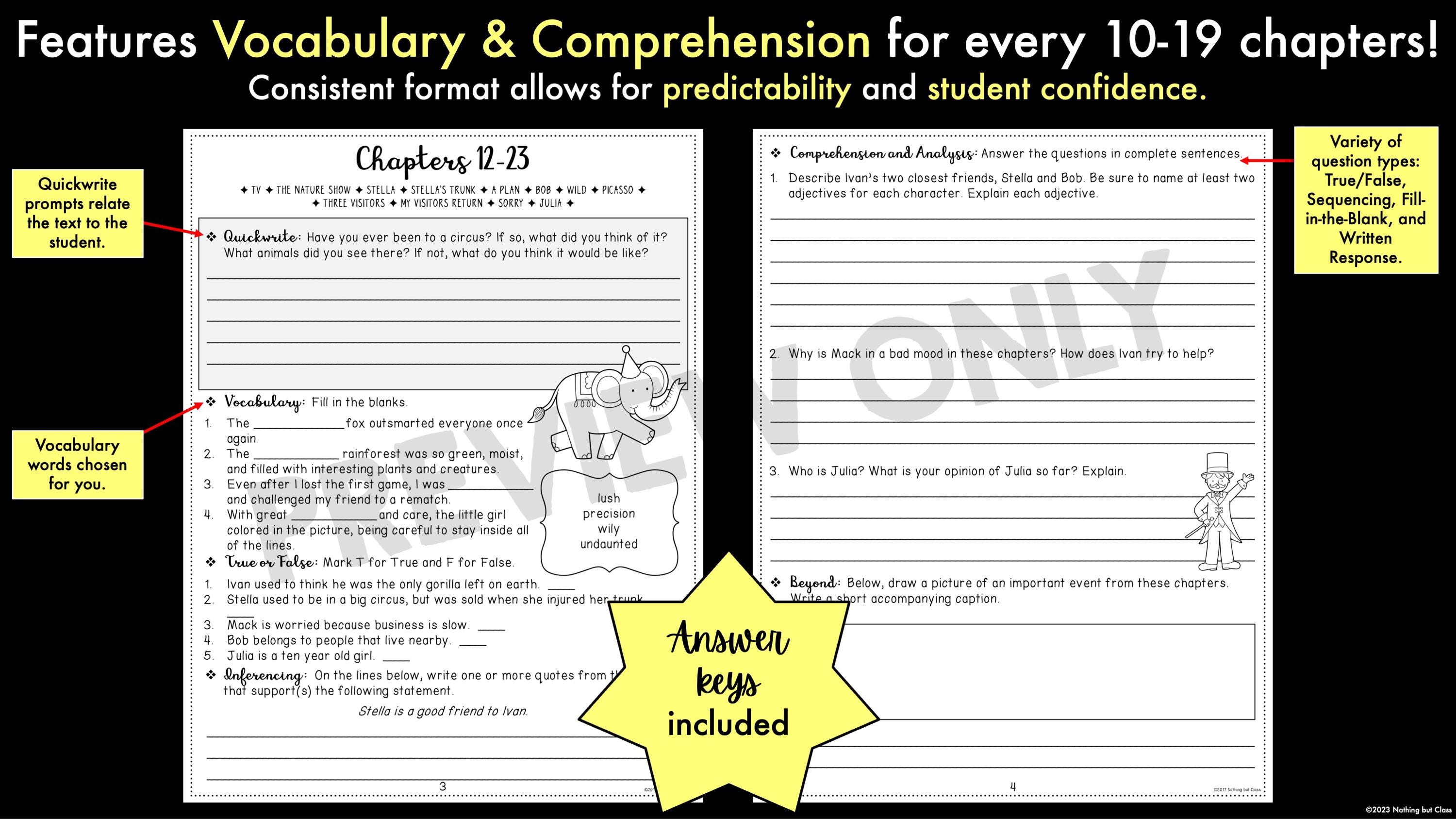 The One and Only Ivan | Comprehension and Vocabulary by Chapter ...