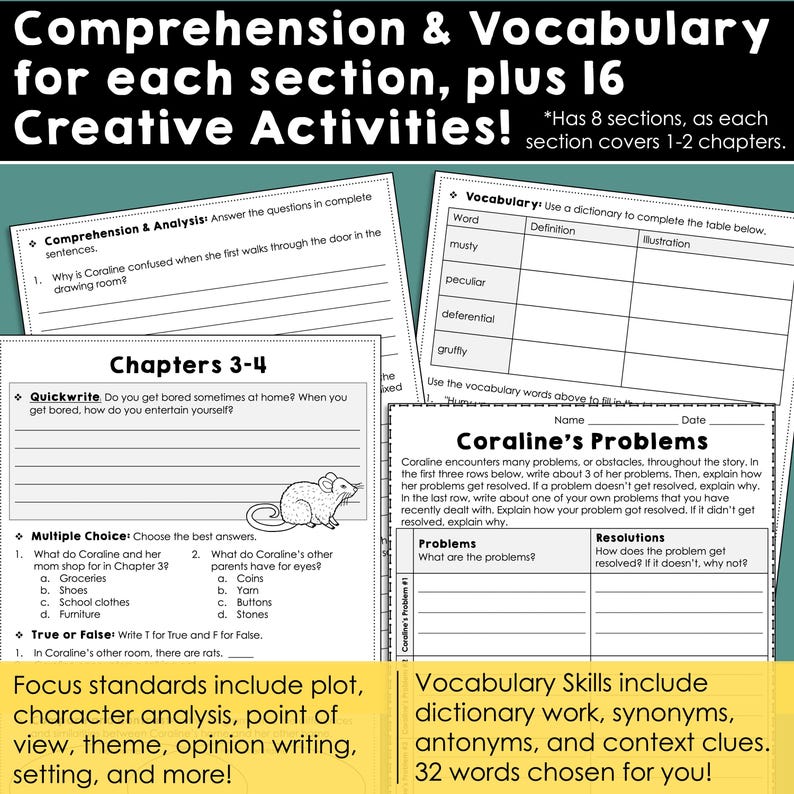 Coraline Novel Study Unit | Literature Guide | Comprehension Worksheets ...