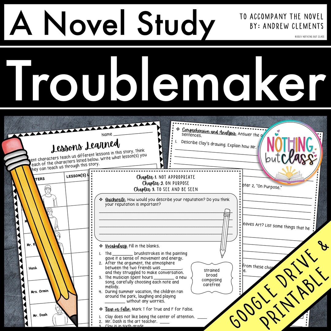 Troublemaker Novel Study Unit Literature Guide Comprehension Worksheets ...