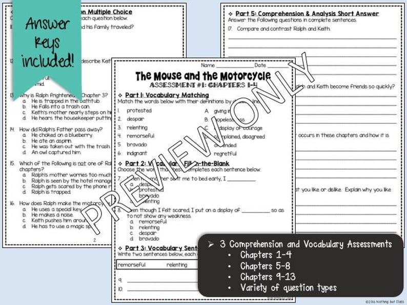 The Mouse and the Motorcycle - Tests | Quizzes | Assessments for Novel ...