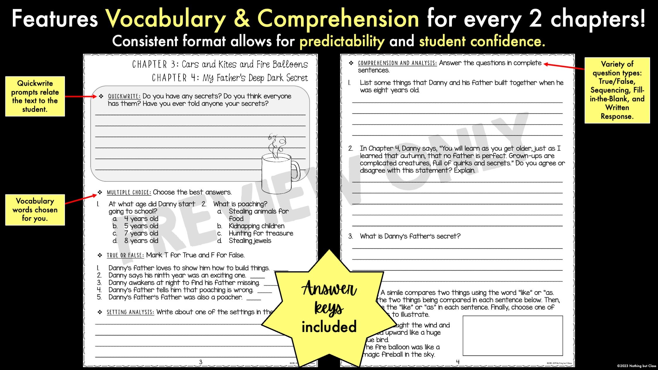 Danny the Champion of the World Comprehension and Vocabulary by Chapter ...