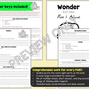 Wonder Novel Study Unit | Literature Guide | Comprehension Worksheets ...