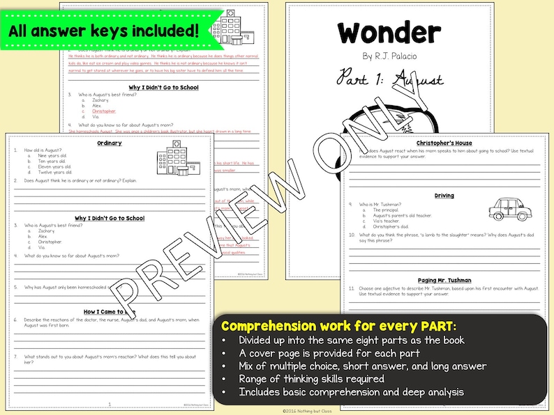 Wonder Novel Study Unit | Literature Guide | Comprehension Worksheets ...