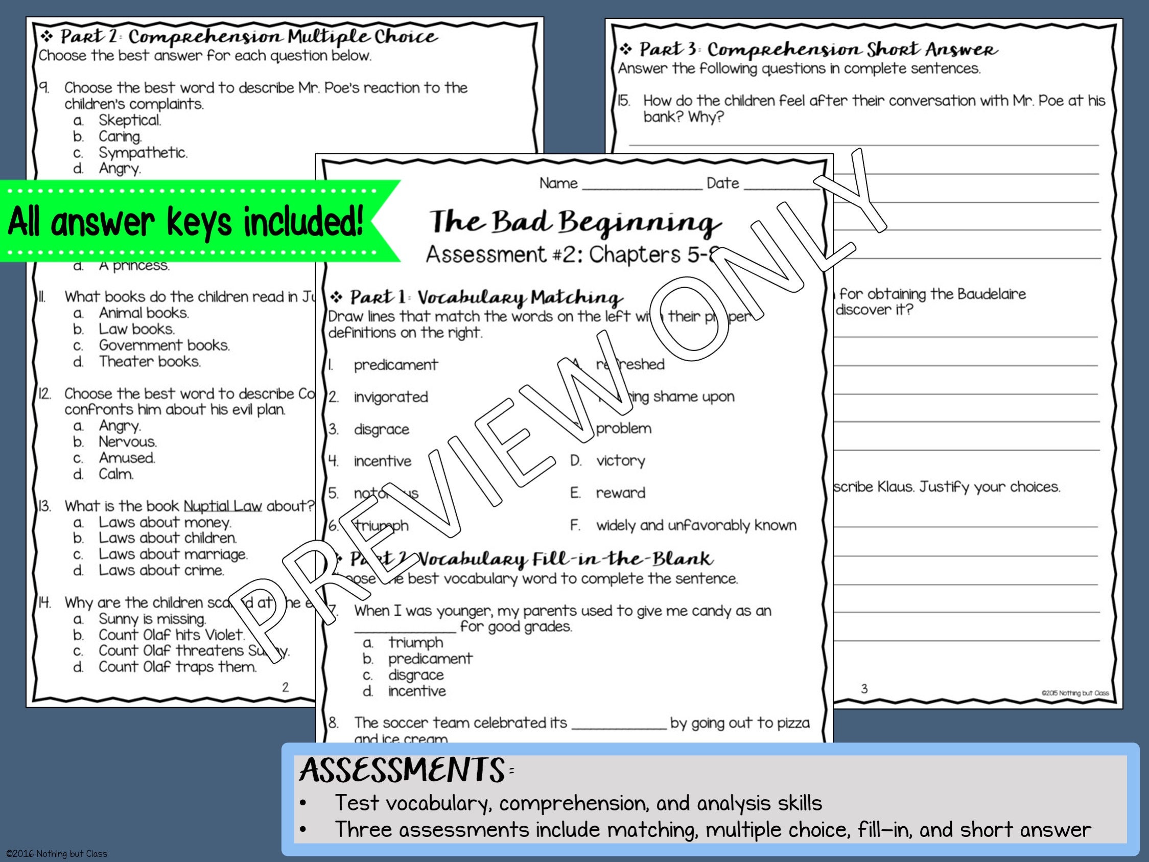 The Bad Beginning Tests Quizzes Assessments for Novel Study and Guided ...