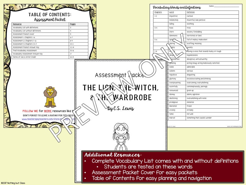 The Lion, the Witch, and the Wardrobe Tests | Quizzes | Assessments - Etsy