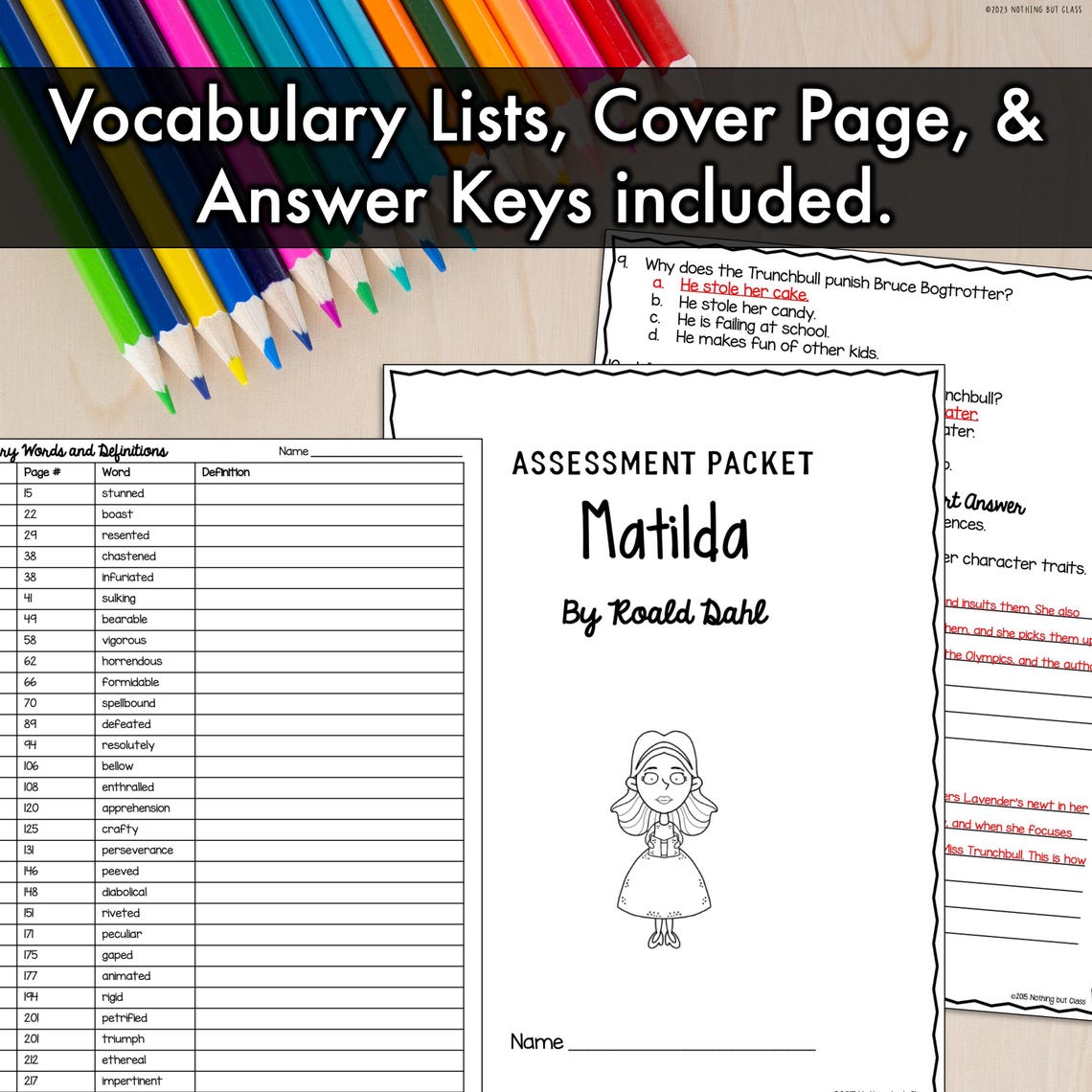 Matilda by Roald Dahl - Tests | Quizzes | Assessments for Novel Study ...