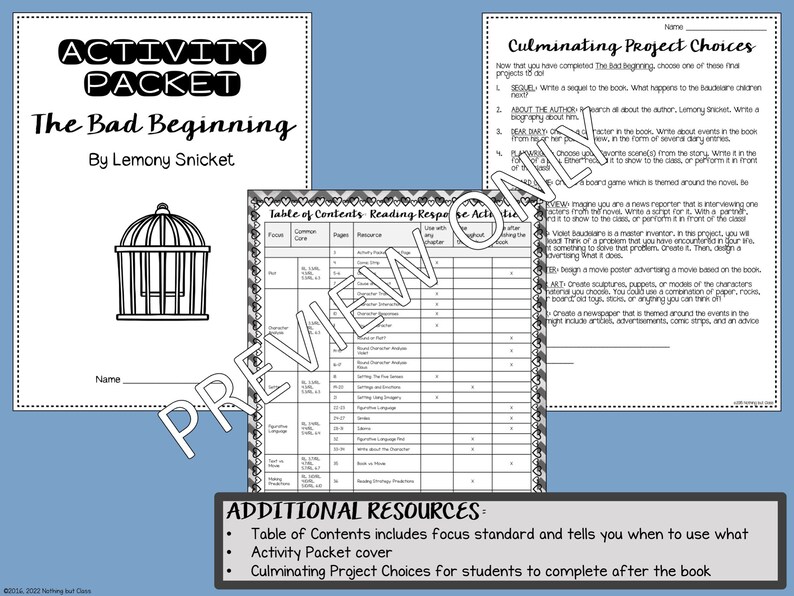 The Bad Beginning | Reading Response Activities and Projects | Guided ...