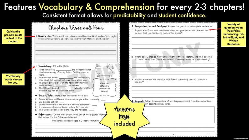The Giver | Comprehension and Vocabulary by Chapter | Guided Reading ...