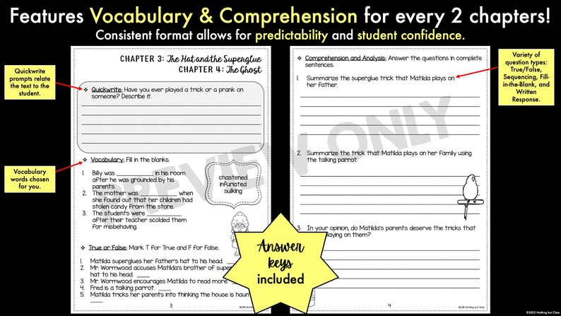 Matilda | Comprehension and Vocabulary by Chapter | Guided Reading ...