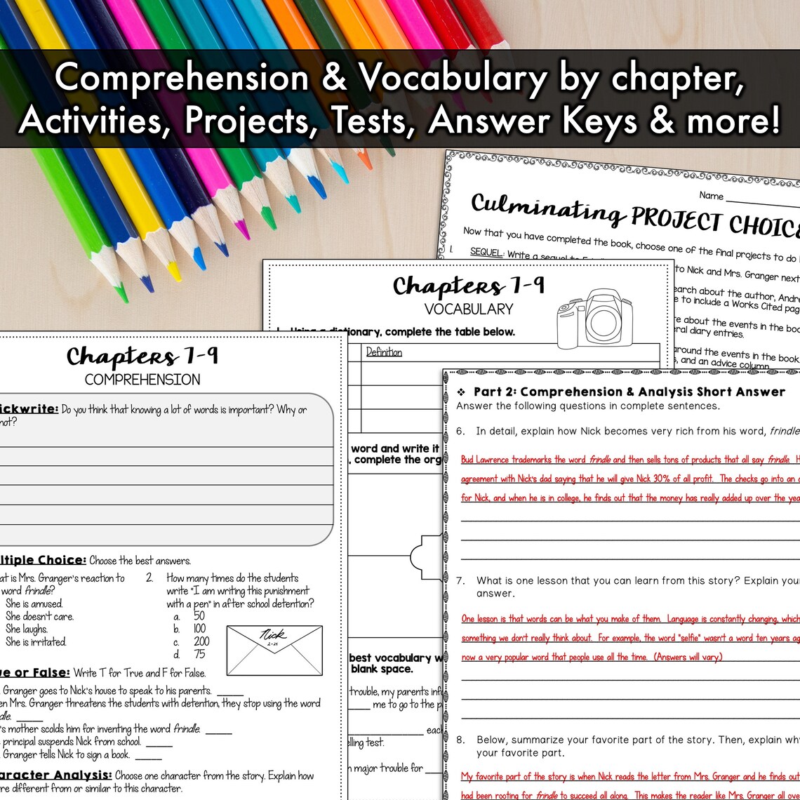 Frindle Novel Study Unit Literature Guide Comprehension Worksheets ELA ...