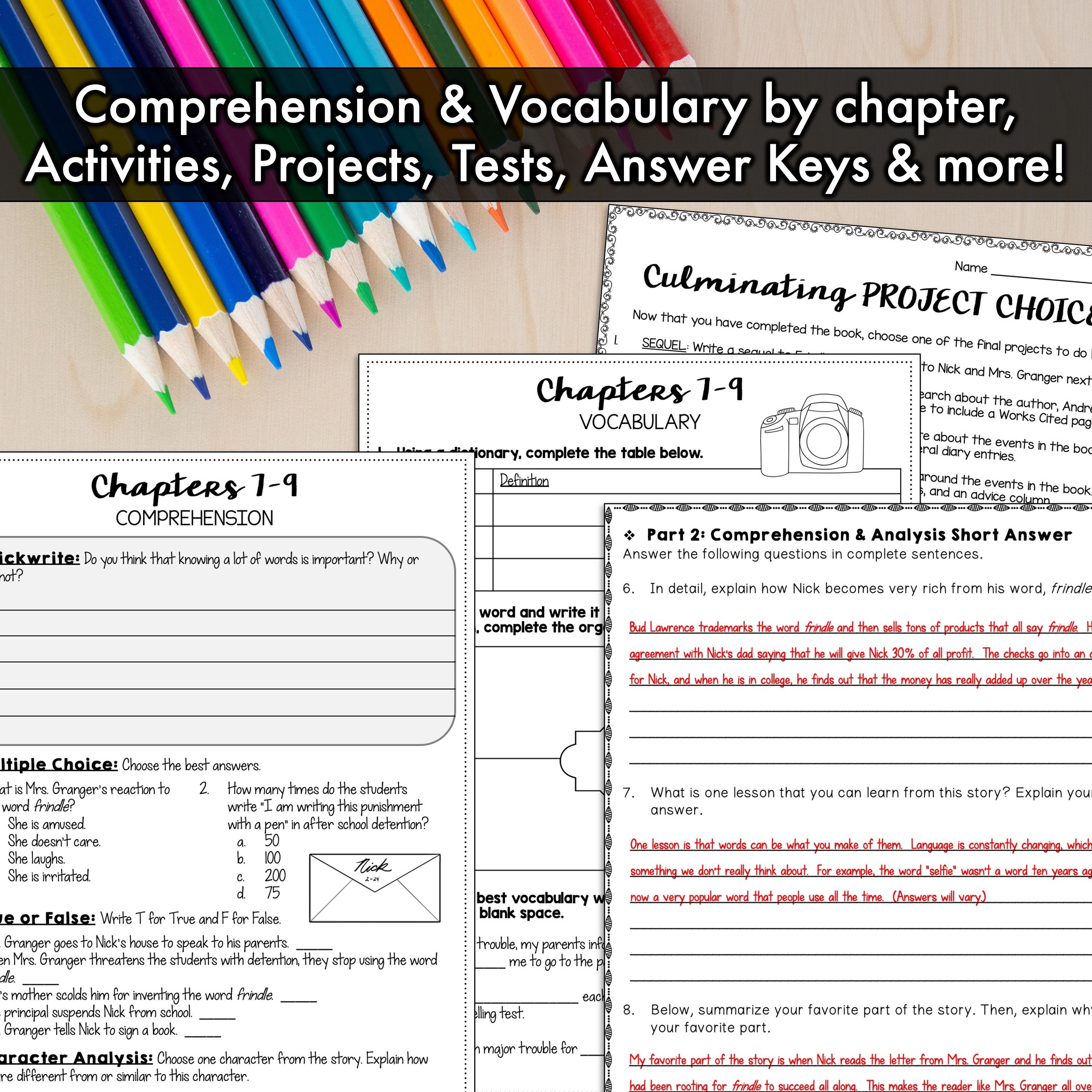 Frindle Novel Study Unit | Literature Guide | Comprehension Worksheets ...