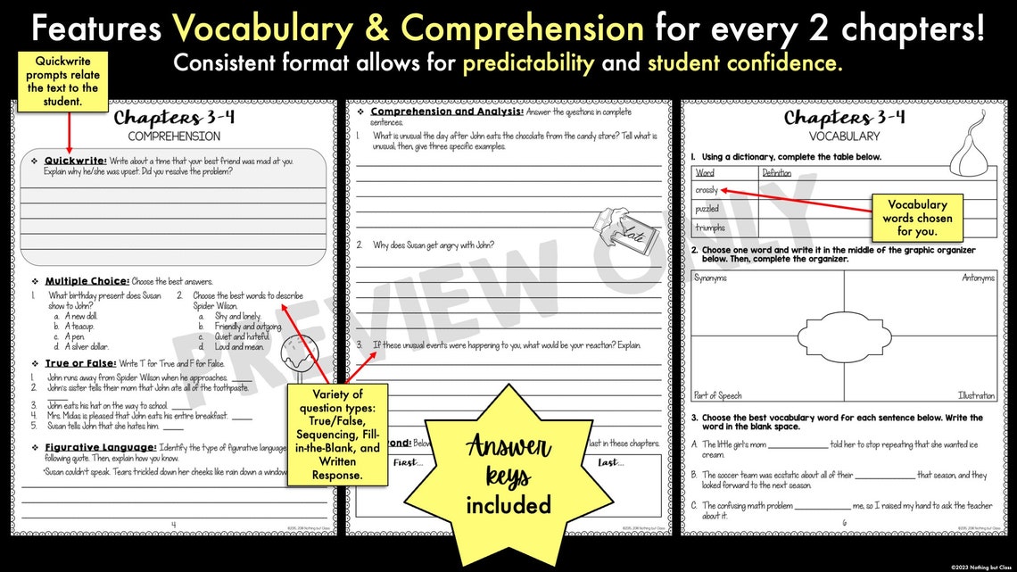 The Chocolate Touch Comprehension and Vocabulary by Chapter Guided ...