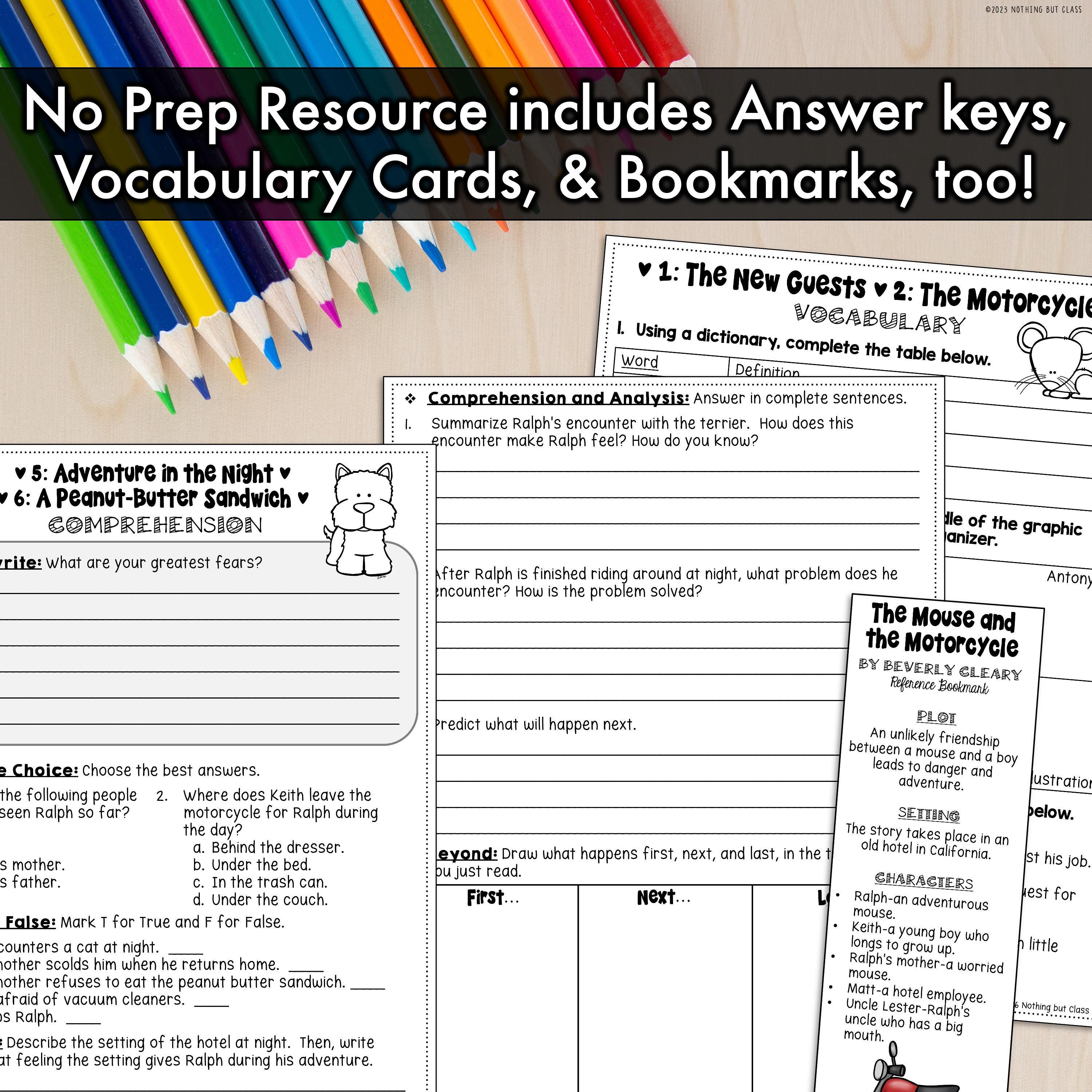 The Mouse and the Motorcycle | Comprehension and Vocabulary by Chapter ...