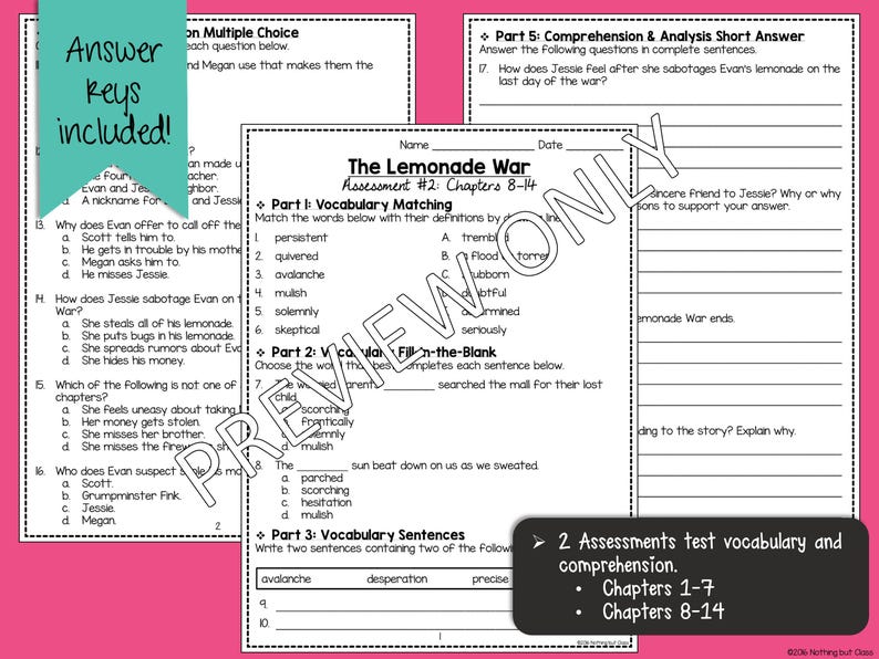 The Lemonade War - Tests | Quizzes | Assessments for Novel Study - Etsy
