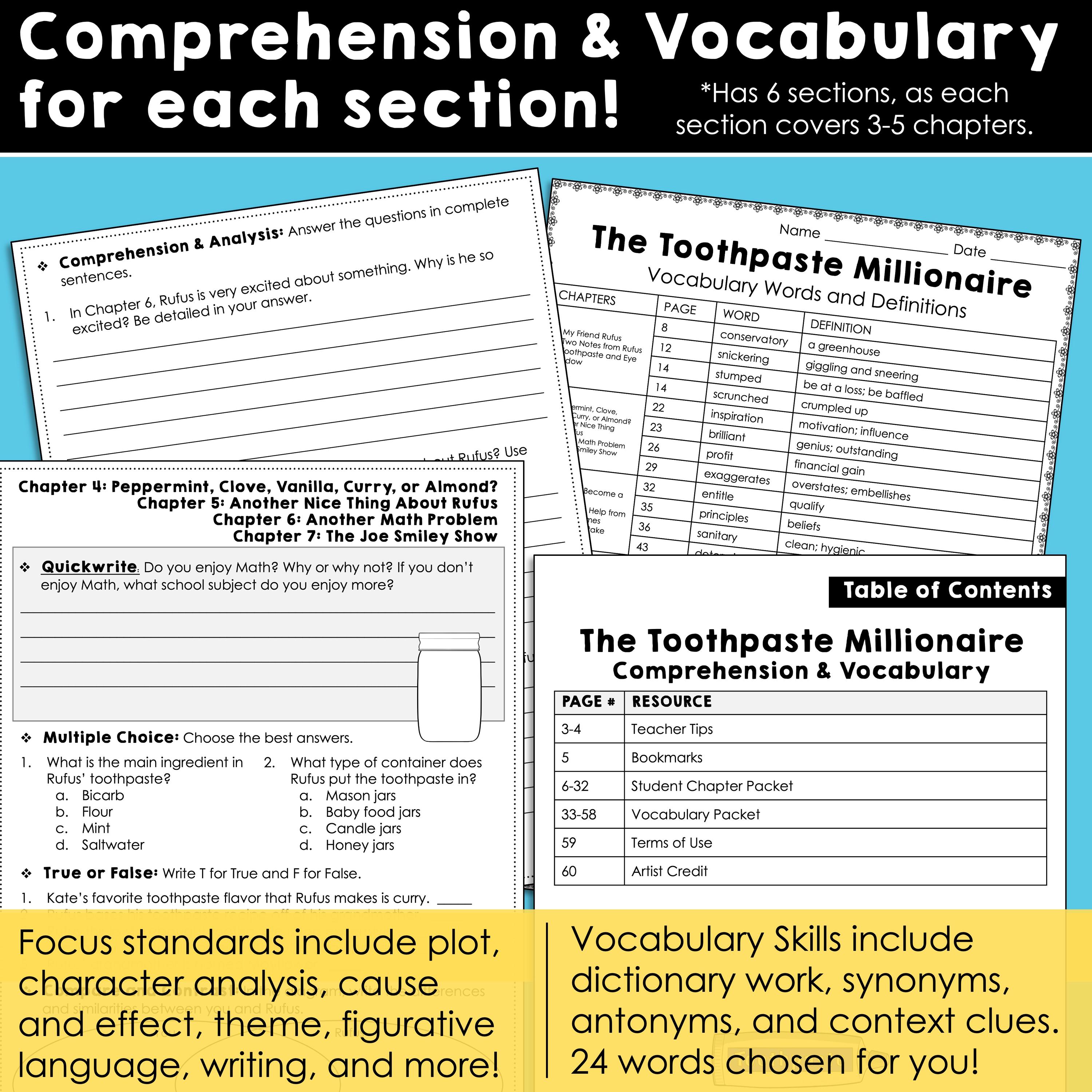 The Toothpaste Millionaire | Comprehension and Vocabulary by Chapter ...
