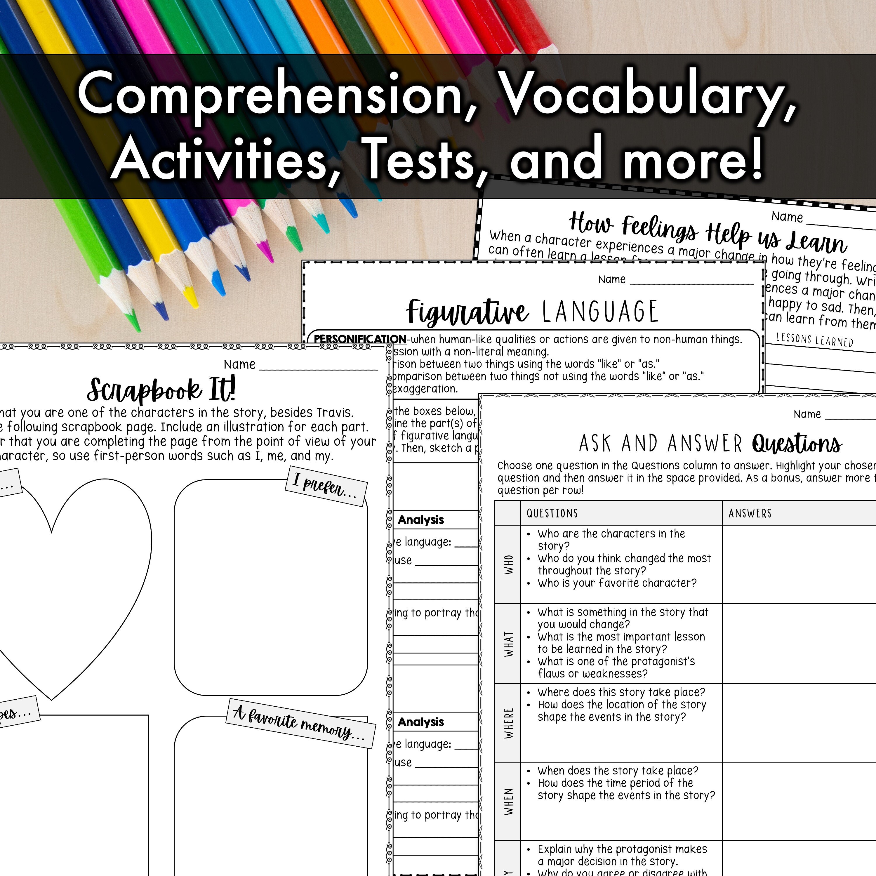 Old Yeller Novel Study Unit Literature Guide Comprehension Worksheets ...