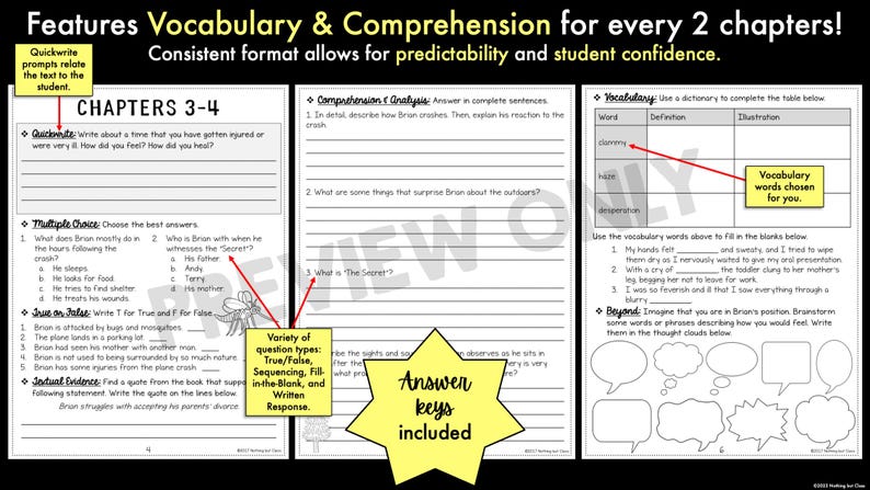Hatchet | Comprehension and Vocabulary by Chapter | Guided Reading ...
