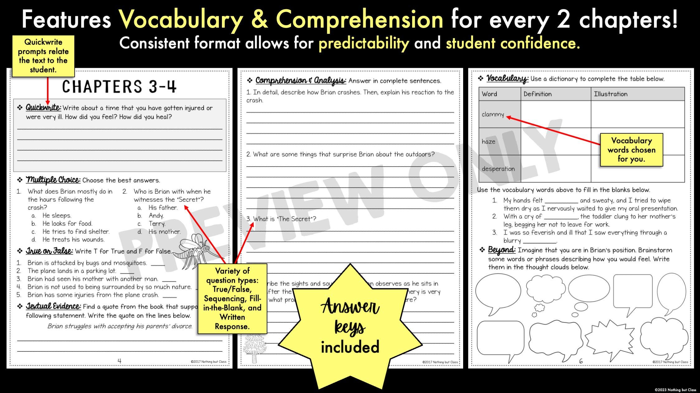 Hatchet | Comprehension and Vocabulary by Chapter | Guided Reading ...
