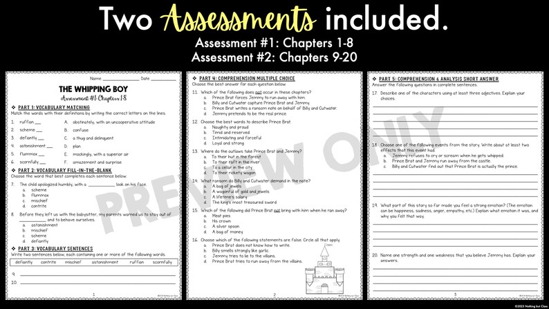 The Whipping Boy Novel Study Unit Literature Guide Comprehension ...