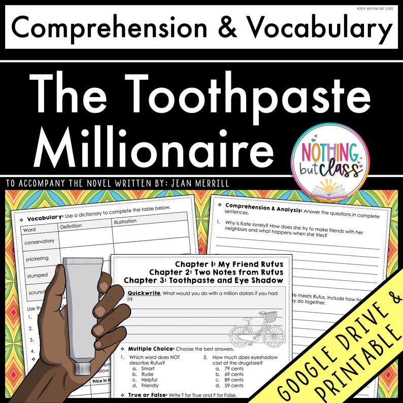 The Toothpaste Millionaire | Comprehension and Vocabulary by Chapter ...