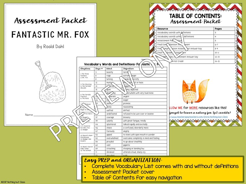Fantastic Mr. Fox - Tests | Quizzes | Assessments for Novel Study - Etsy