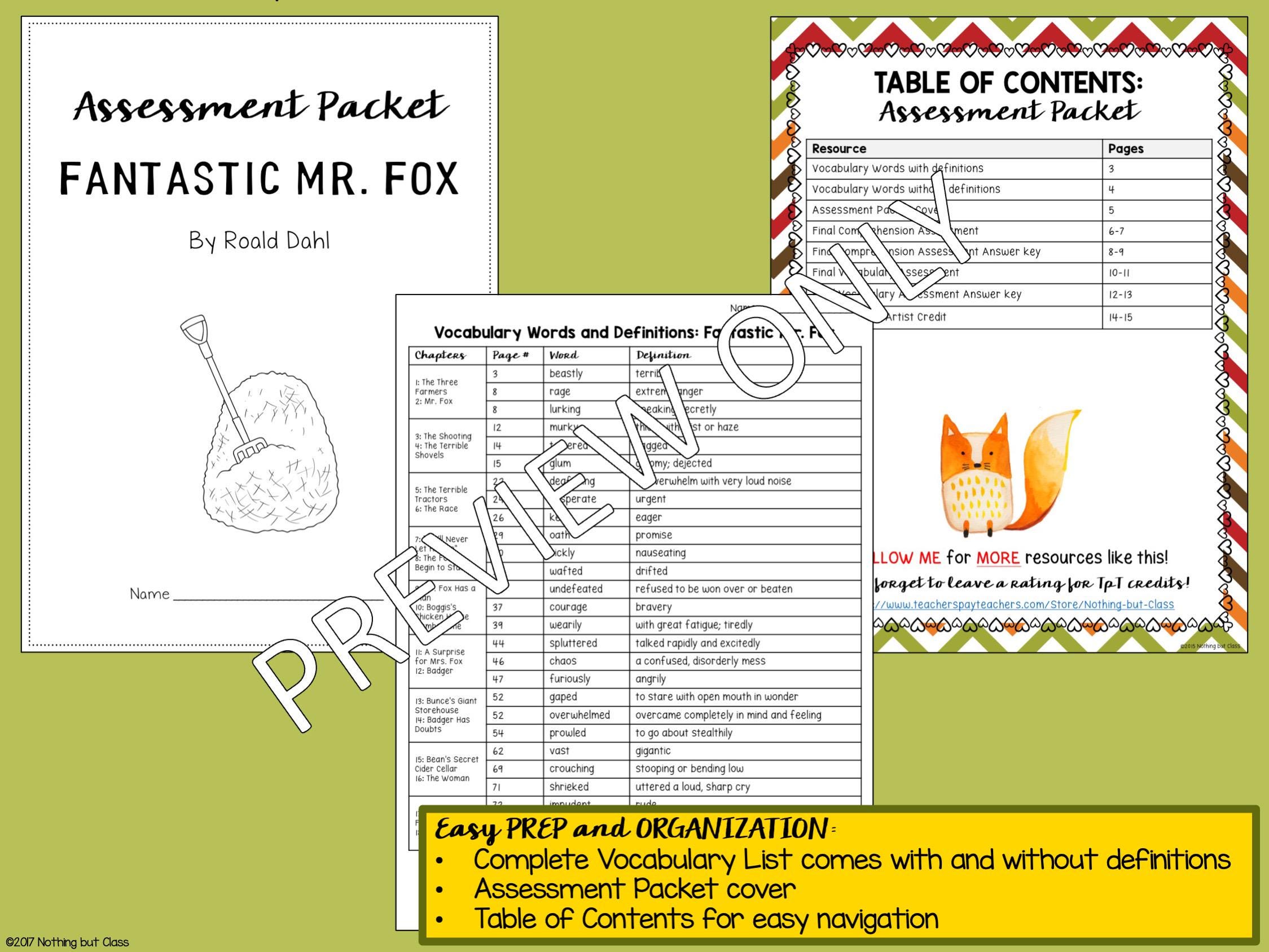 Fantastic Mr. Fox Tests Quizzes Assessments for Novel Study - Etsy