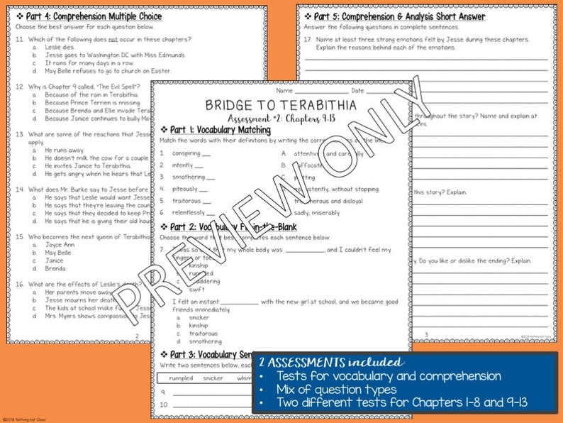 Bridge to Terabithia Tests | Quizzes | Assessments - Printables for ...