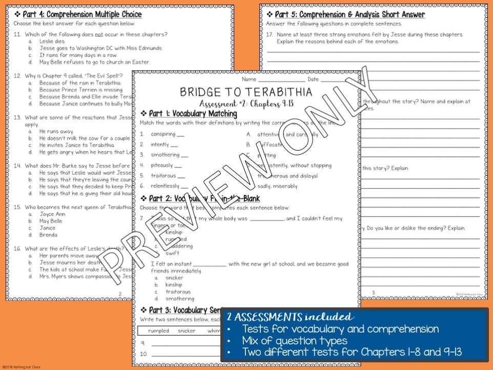 Bridge to Terabithia Tests | Quizzes | Assessments - Printables for ...