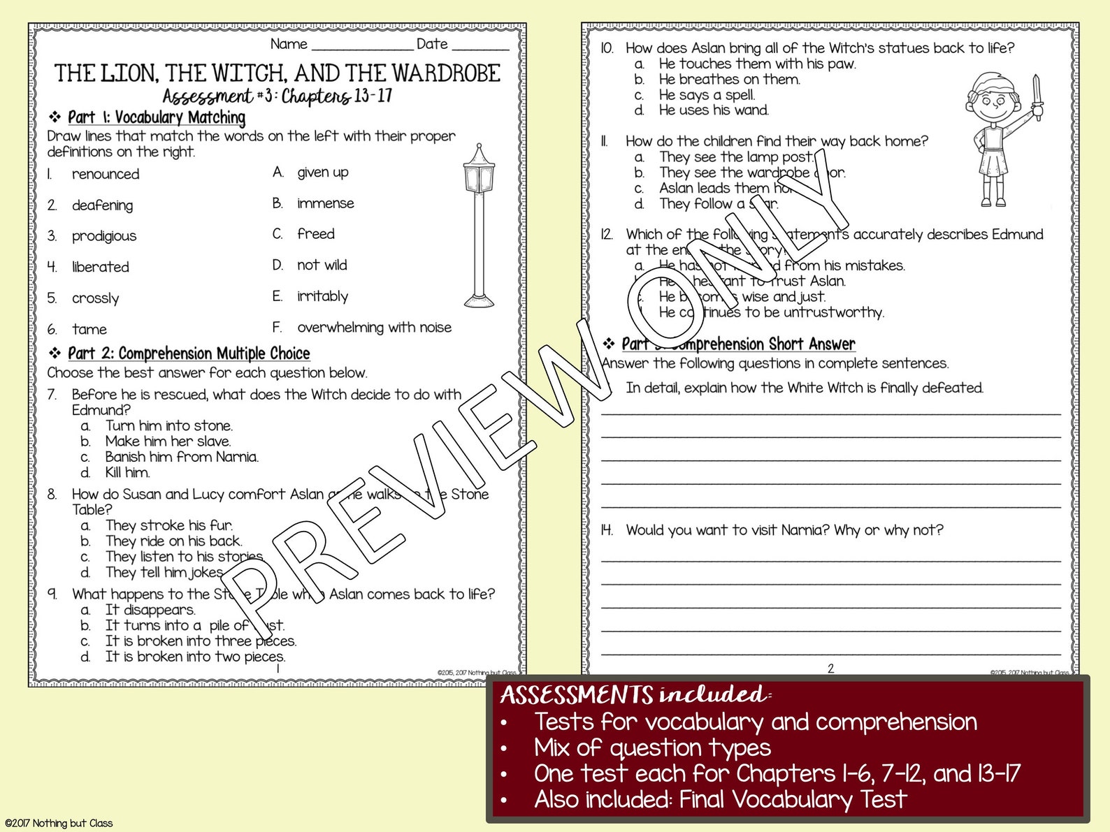 The Lion, the Witch, and the Wardrobe Tests | Quizzes | Assessments - Etsy