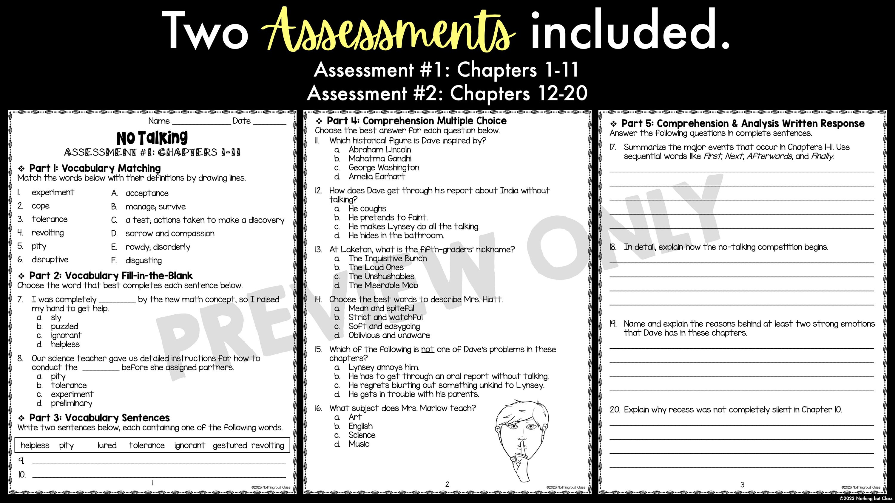 No Talking Novel Study Unit | Literature Guide | Comprehension ...