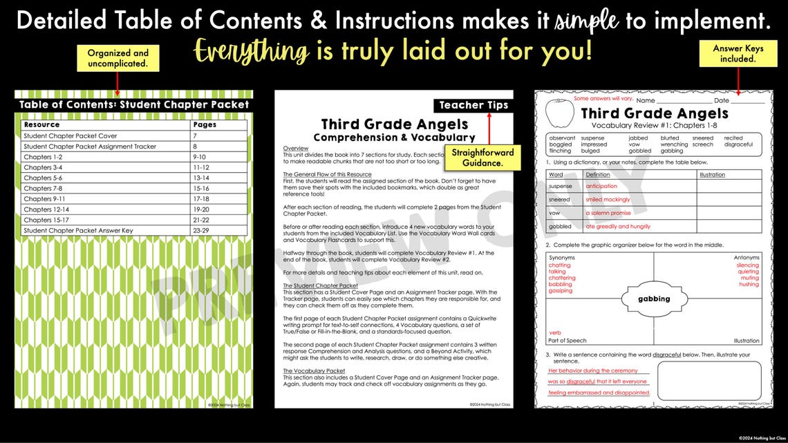 Third Grade Angels | Comprehension and Vocabulary by Chapter | Guided ...