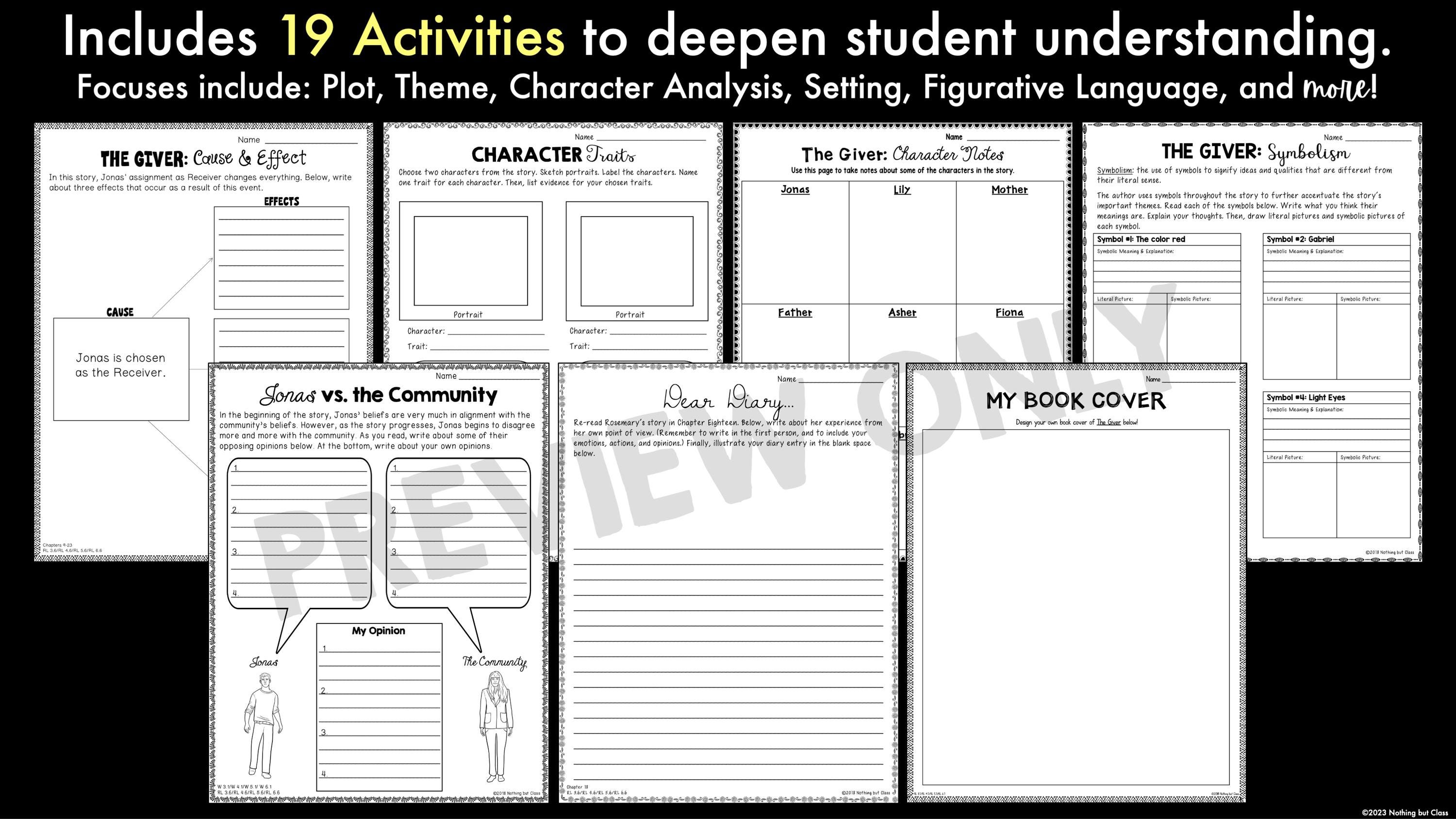 The Giver | Reading Response Activities and Projects | Worksheets for ...