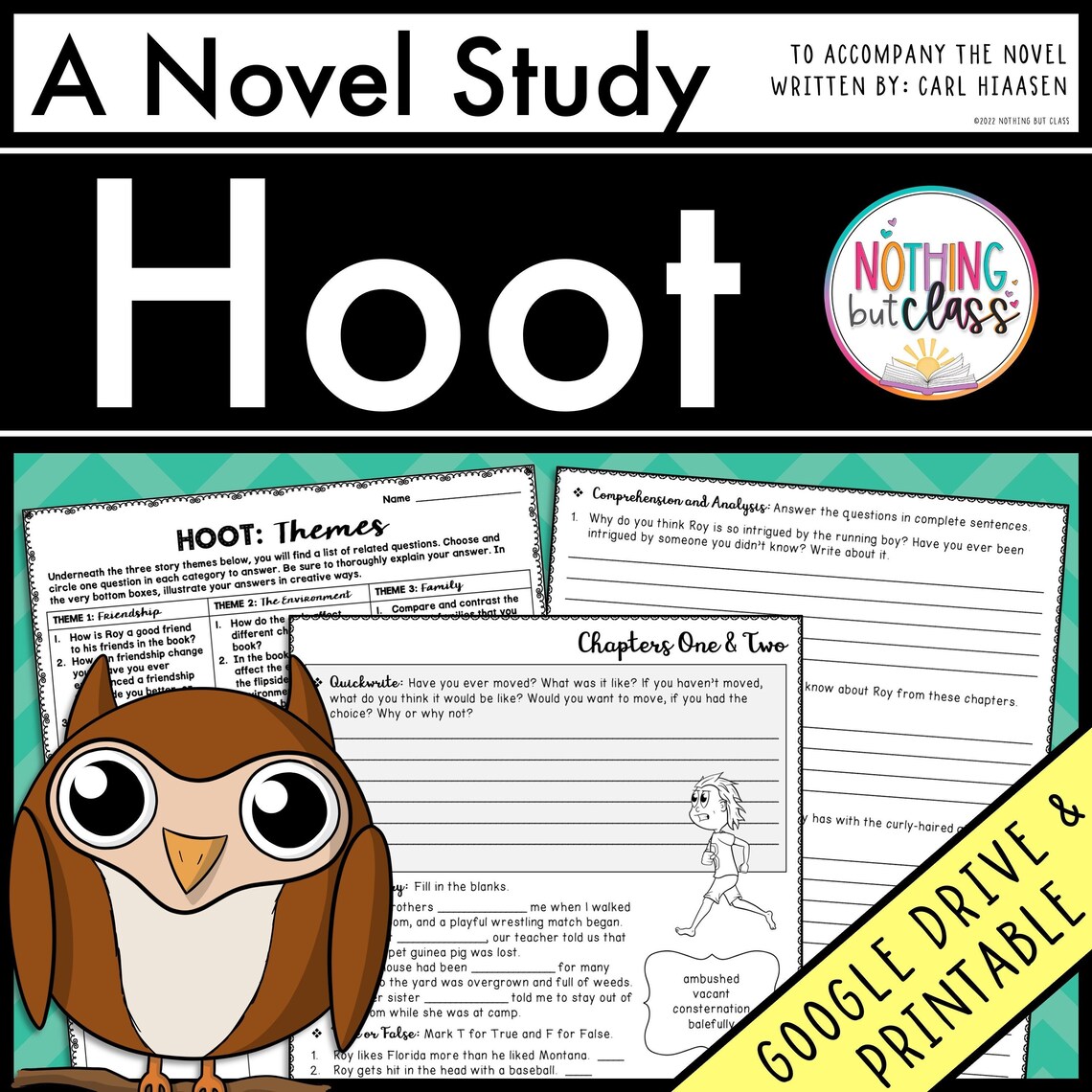 Hoot Novel Study Unit | Literature Guide | Comprehension Worksheets ...