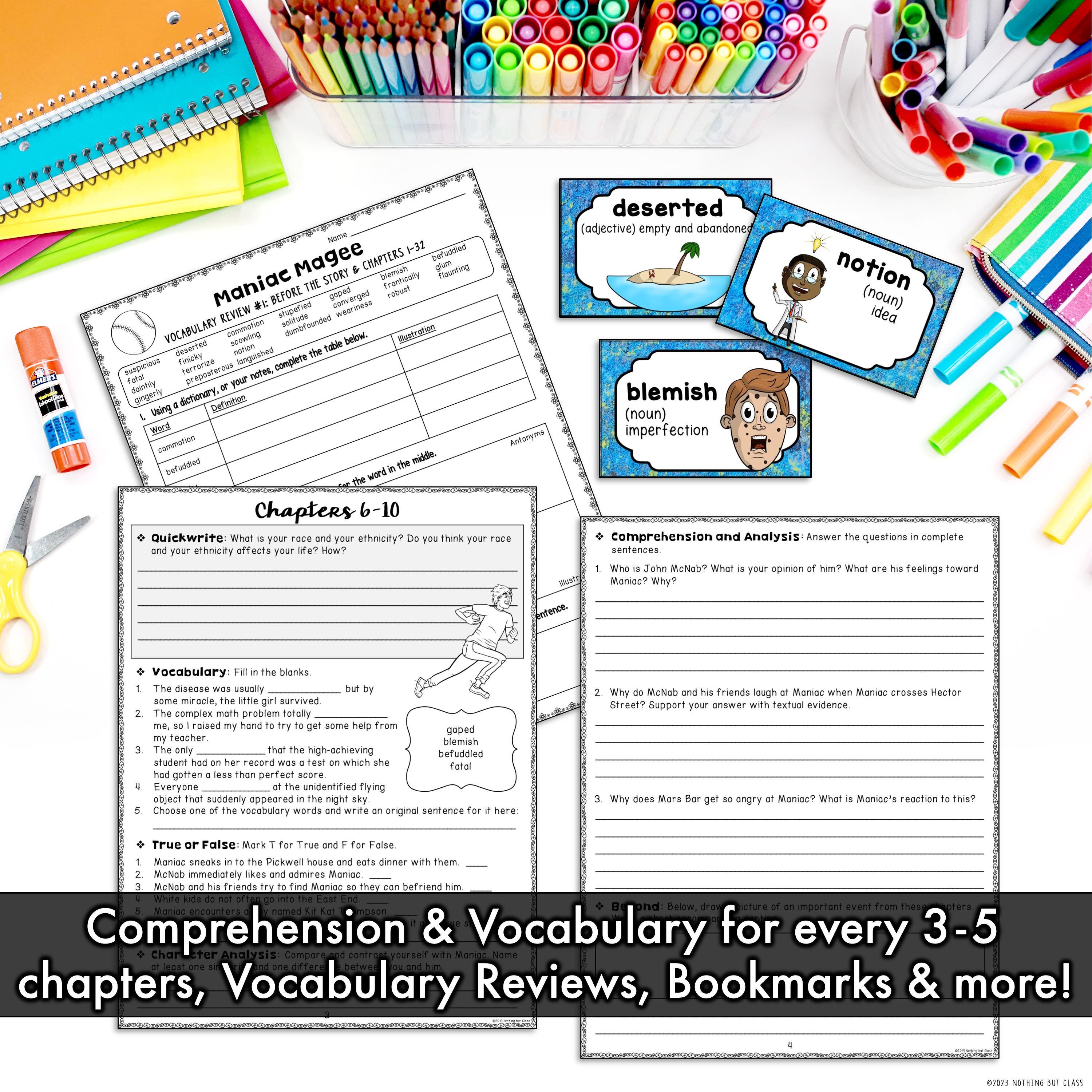 Maniac Magee | Comprehension and Vocabulary by Chapter | Guided Reading ...